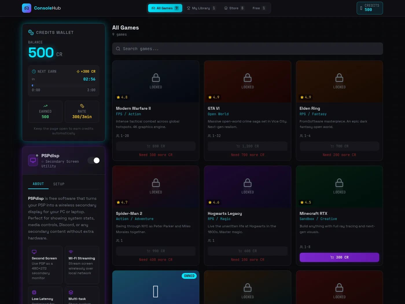 Game Console Credits Hub