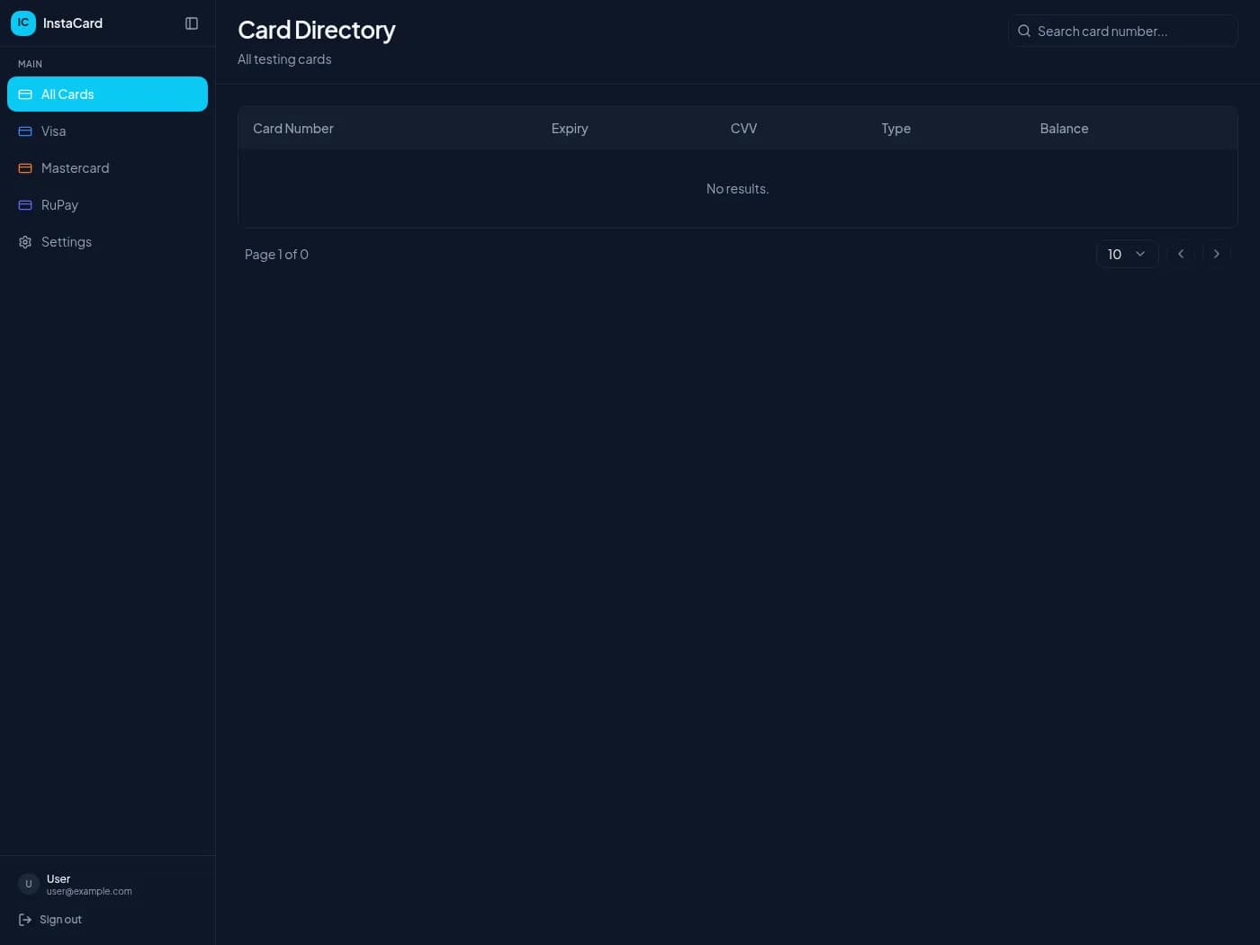 InstaCard Tester Site