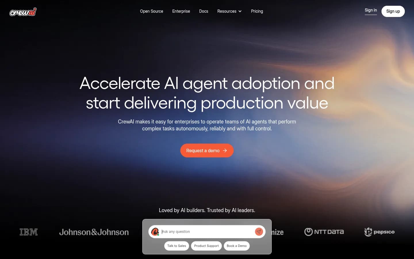 CrewAI landing page — leading multi-agent platform with 450M+ agentic workflows per month, trusted by 60% of the Fortune 500