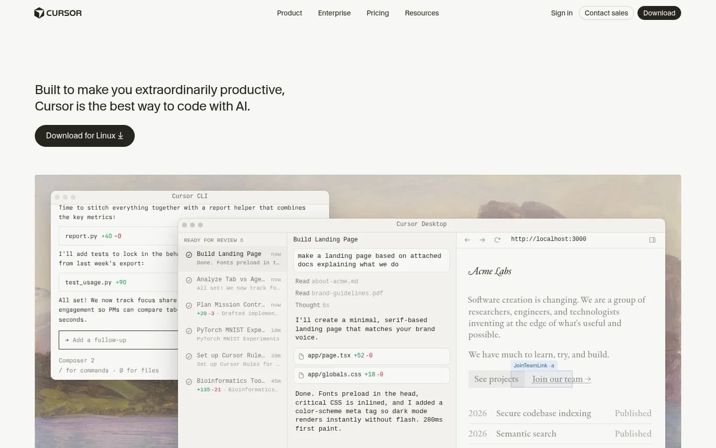 Cursor landing page — AI-first VS Code fork with multi-file agent edits