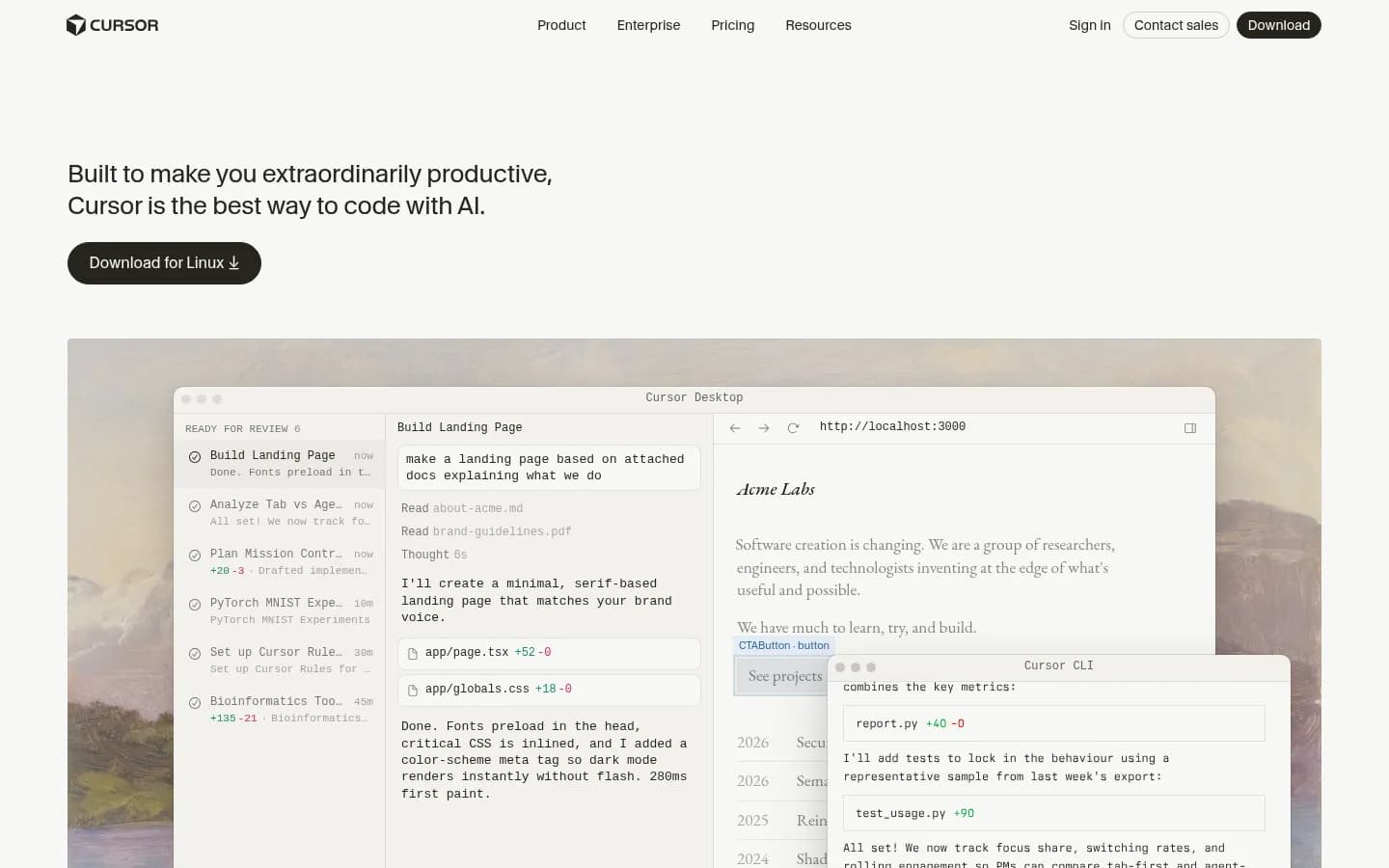 Cursor landing page — AI-powered code editor for developers