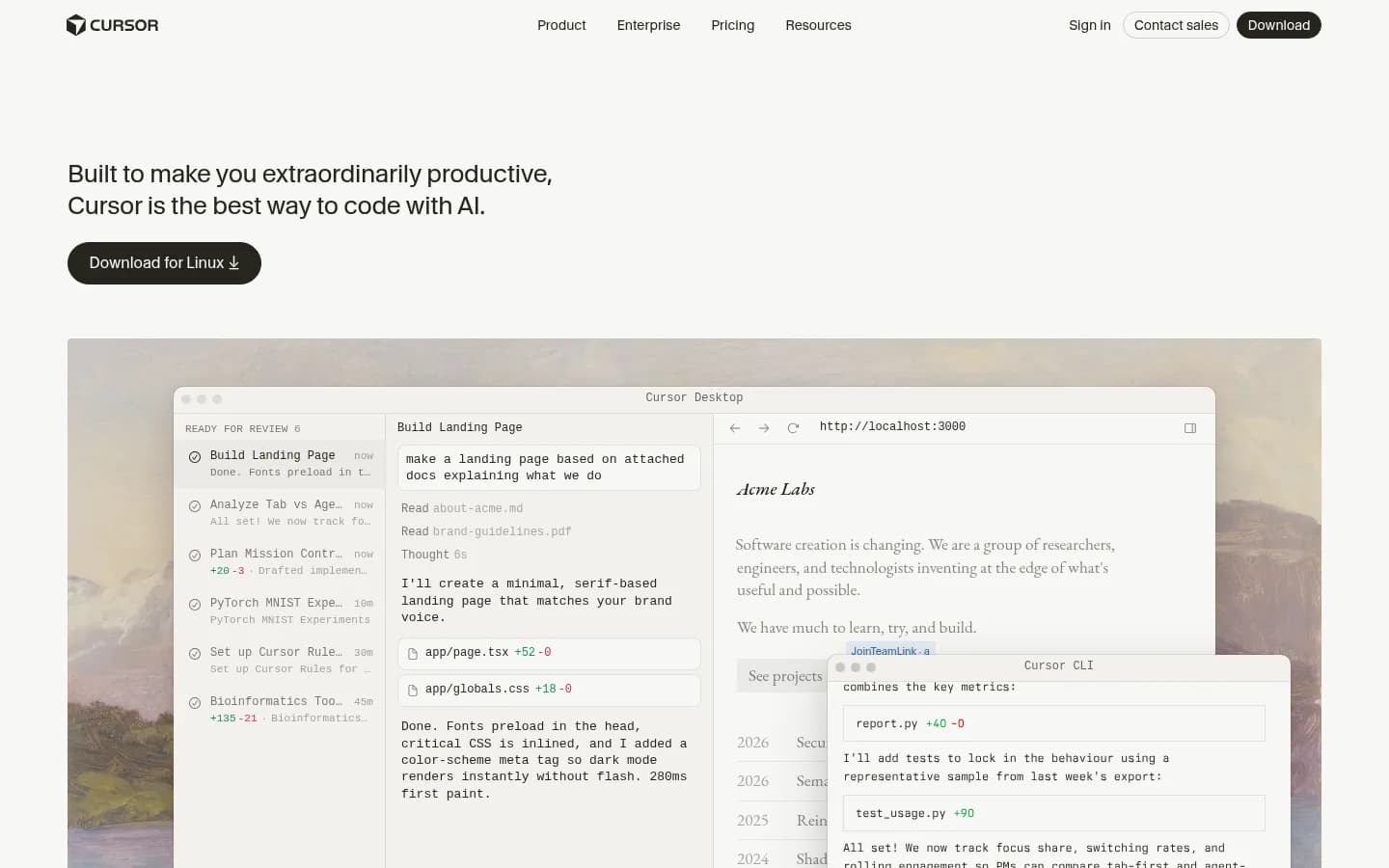 Cursor landing page — AI-powered code editor for professional developers