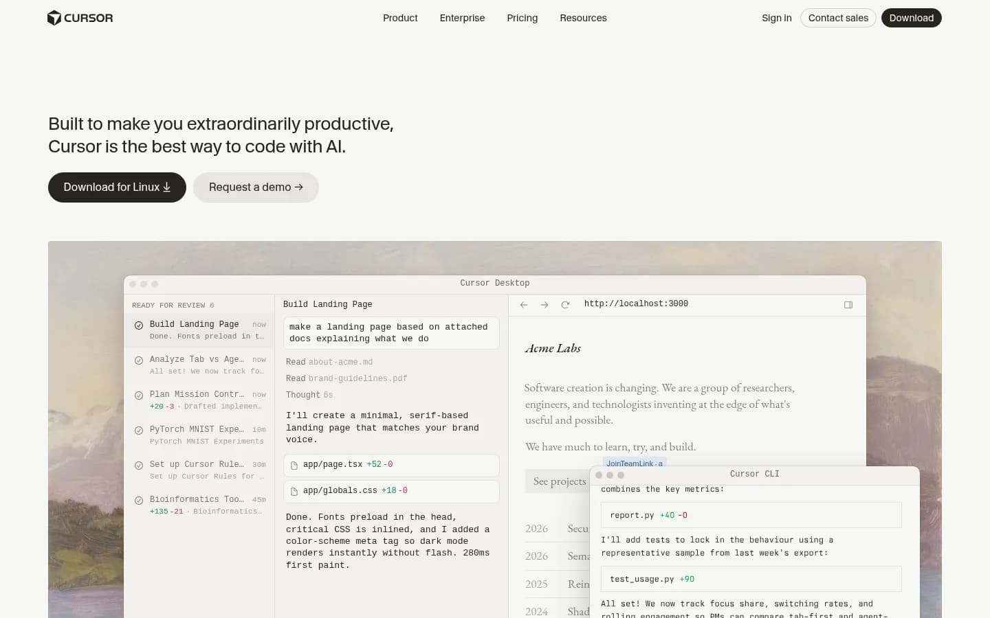Cursor features page — background agents and Tab completions