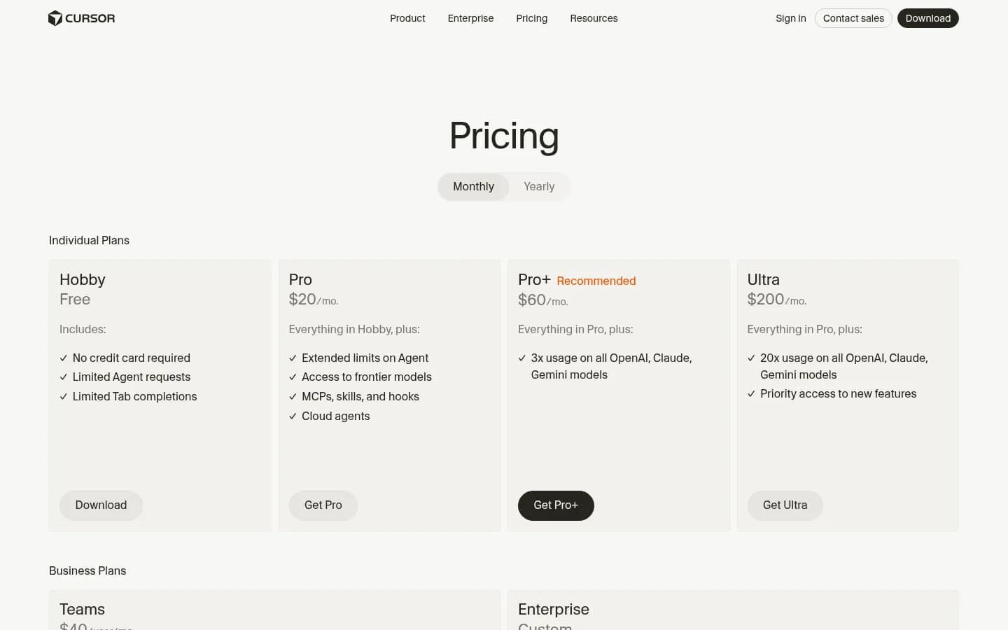 Cursor pricing page — Pro at $20/month, Pro+ at $60/month, and Ultra at $200/month