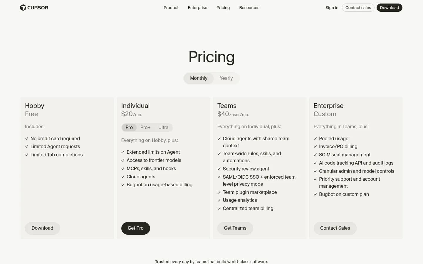 Cursor pricing page — Hobby free, Pro $20/mo, Pro+ $60/mo, Ultra $200/mo (verified May 2026)