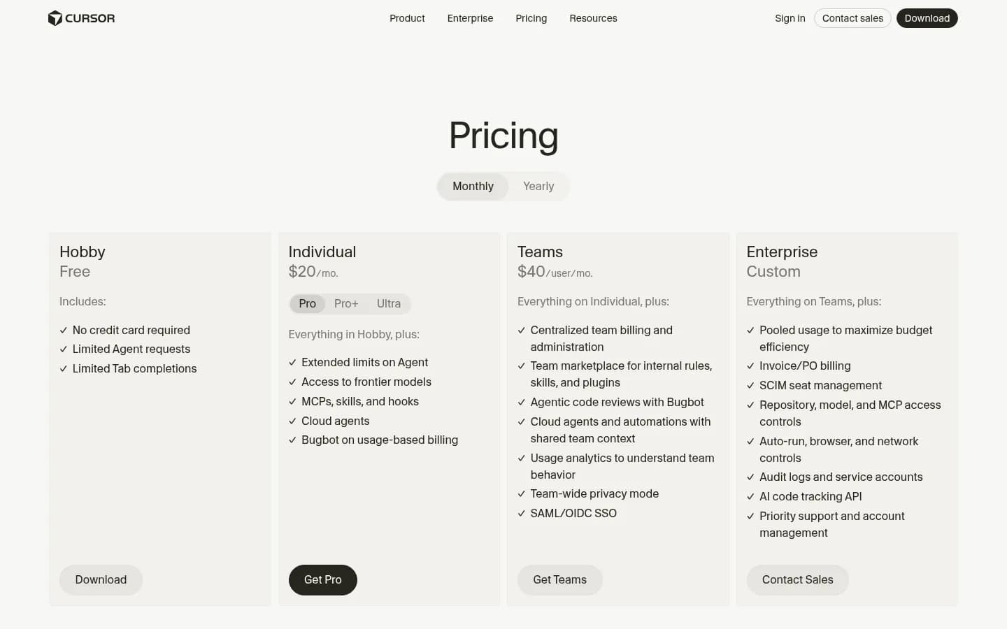Cursor pricing page — Pro, Business, and Team plan comparison