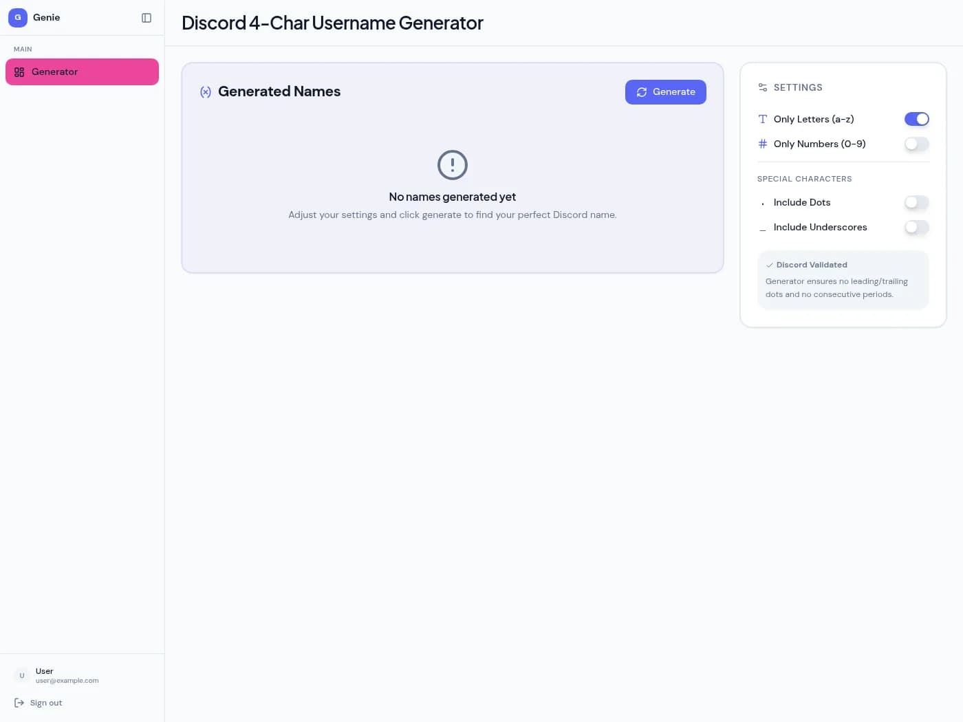 Discord 4char Name Genie