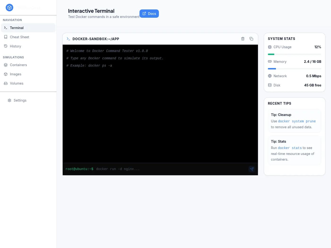 Docker Command Tester