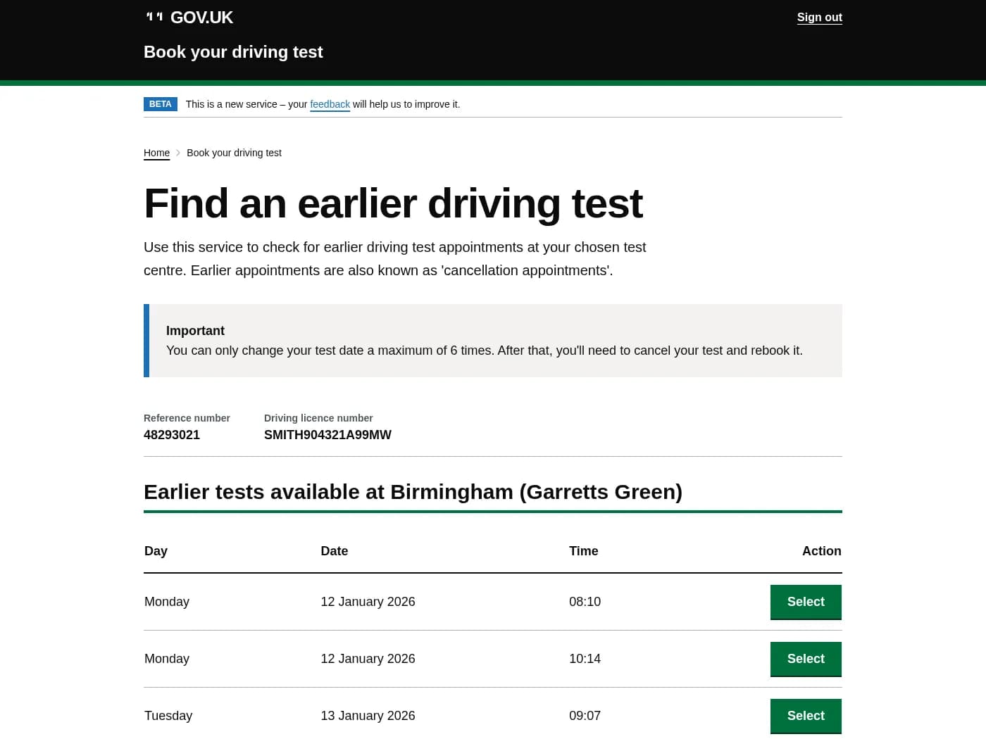 DVLA Test Dates Clone