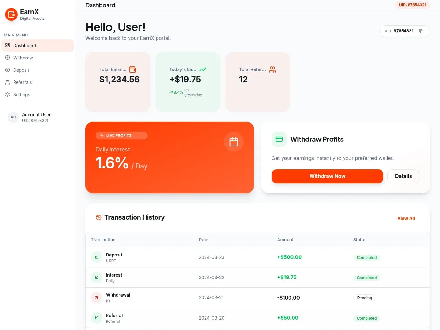 EarnX Insight Dashboard