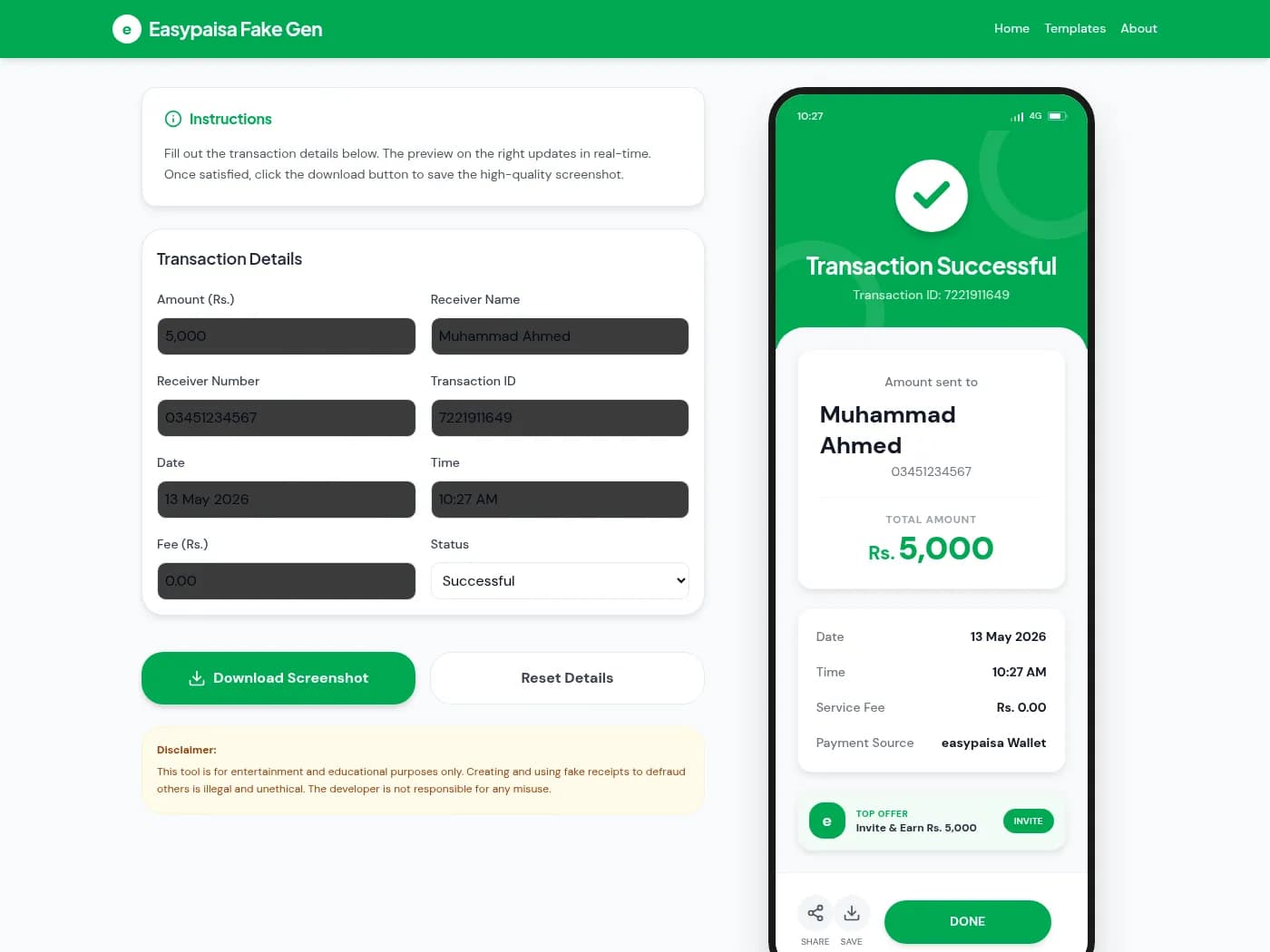 Easypaisa Fake Generator