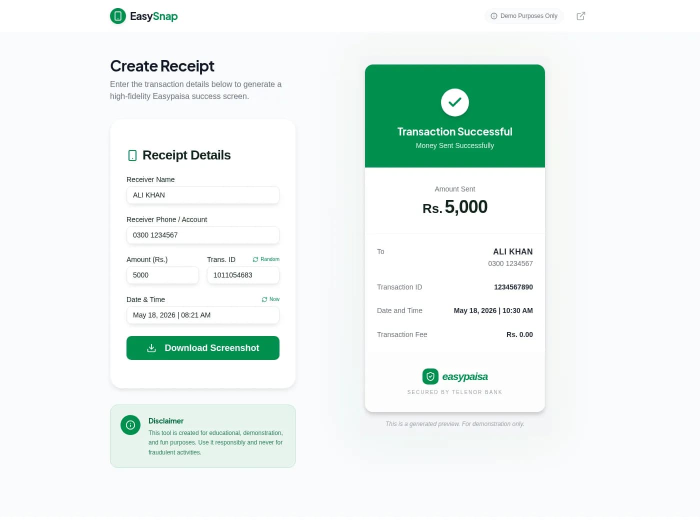 Fake Easypaisa Screenshot Generator