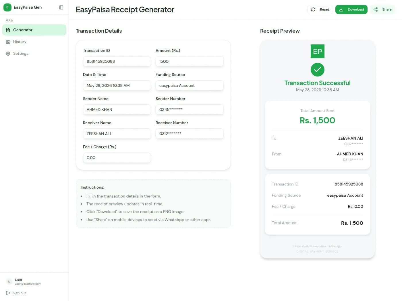 EasyPaisa Receipt Generator
