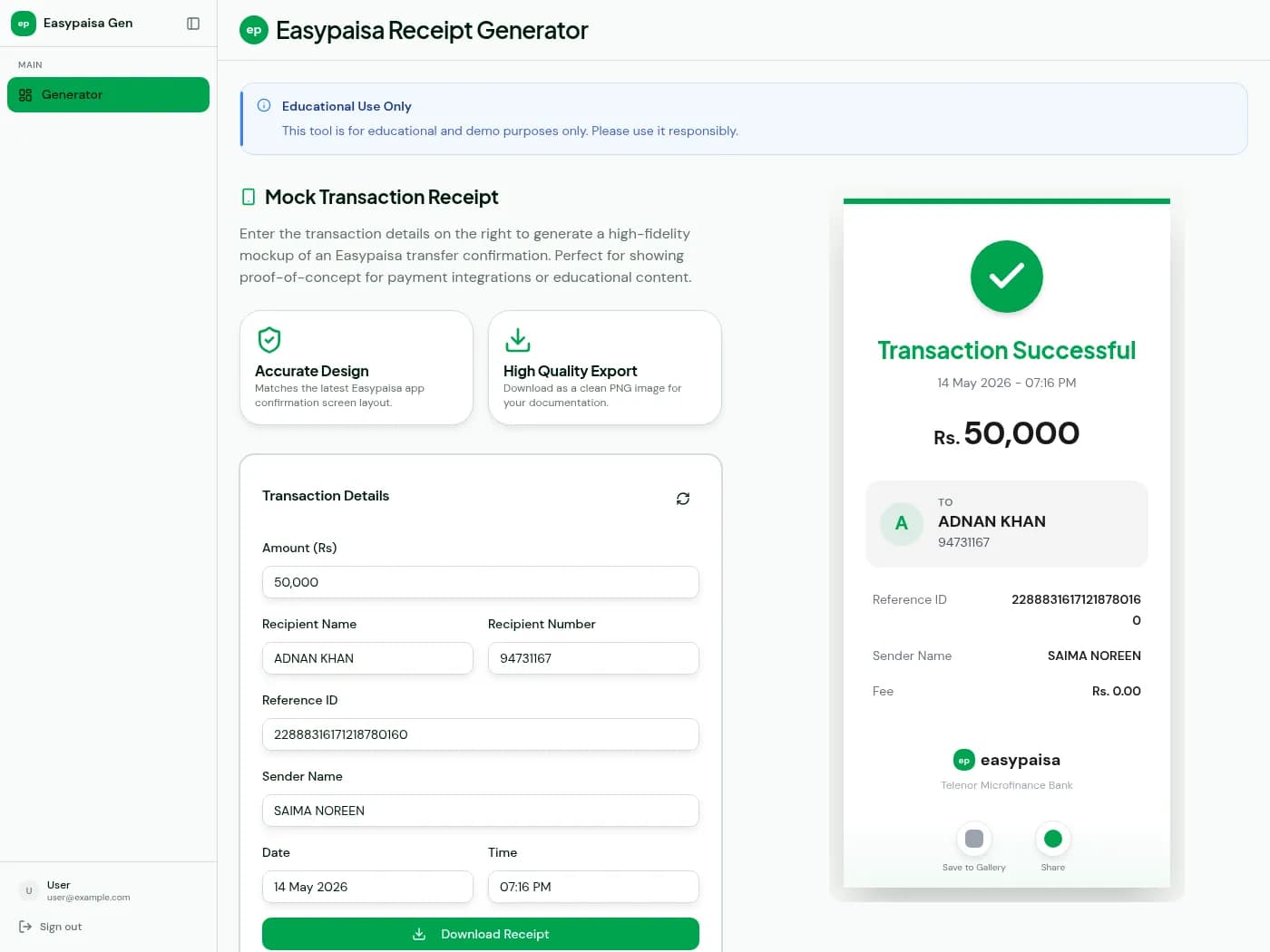 Easypaisa Receipt Generator