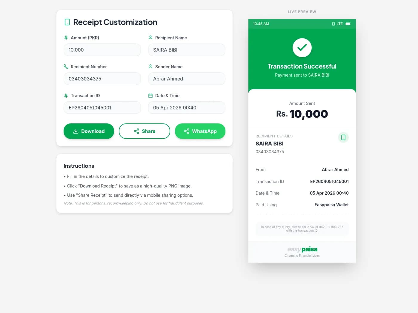 Easypaisa Receipt Generator