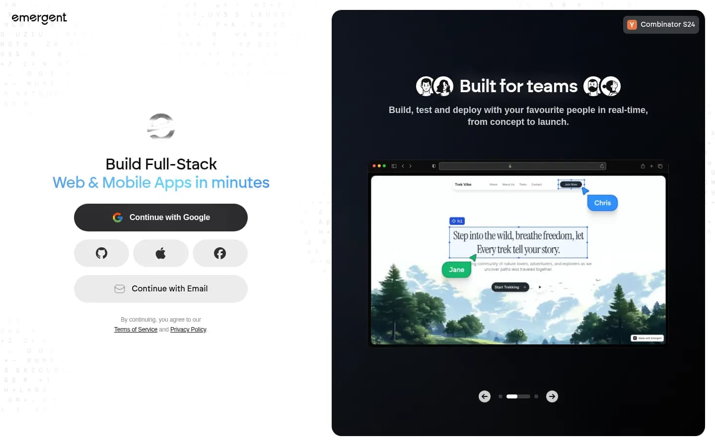 Emergent landing page — AI app builder with tutorial-first approach to building specific app types