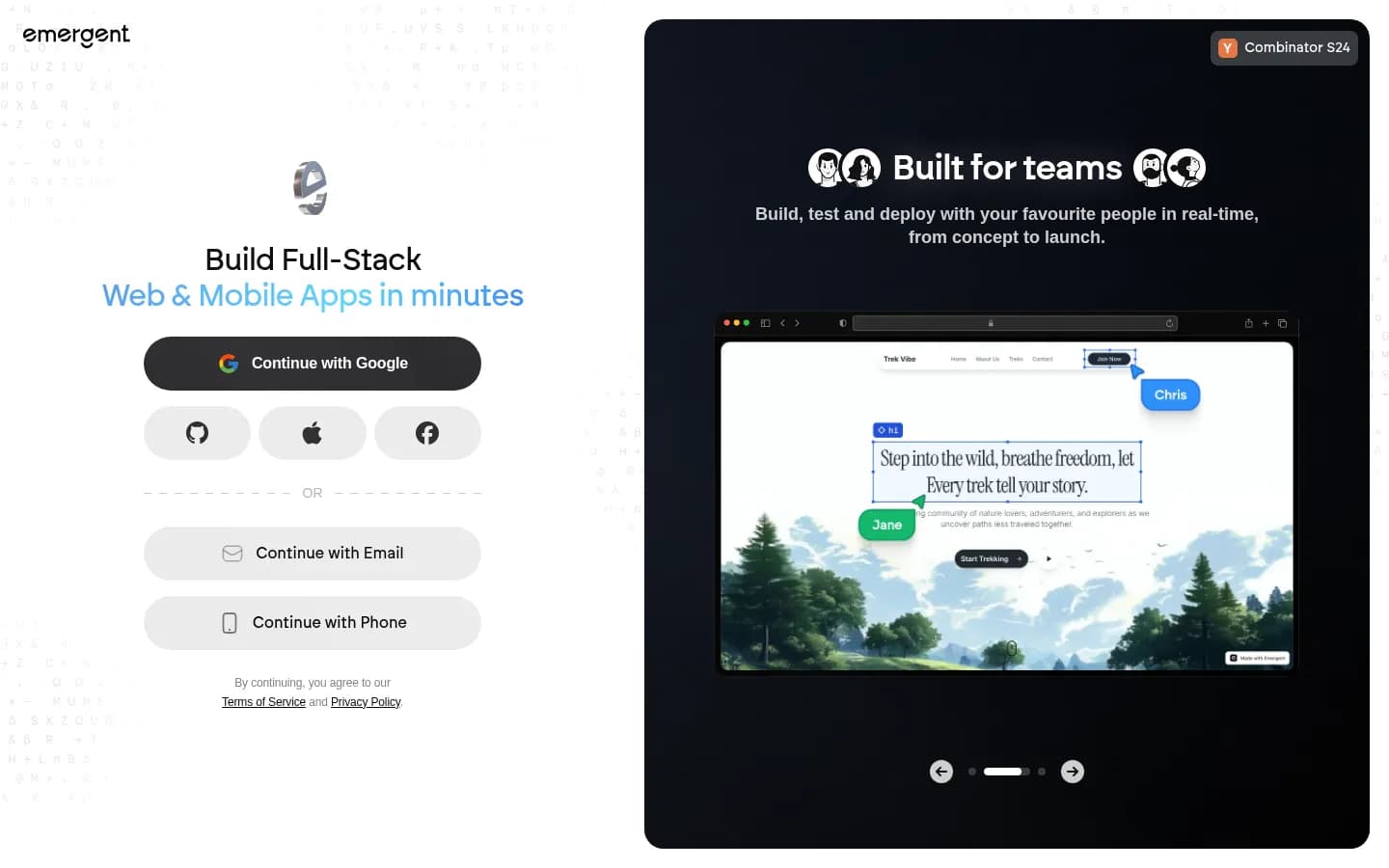 Emergent AI landing page — YC S24 vibe coding platform with conversational full-stack app building