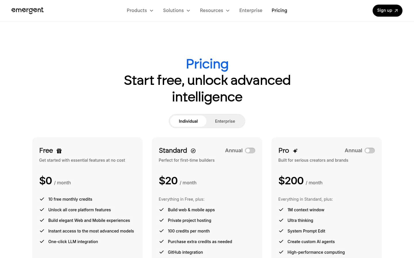 Emergent pricing — Standard $20/mo (100 credits), Pro Ultra $200/mo (750 credits). Credits consumed per operation including debugging.
