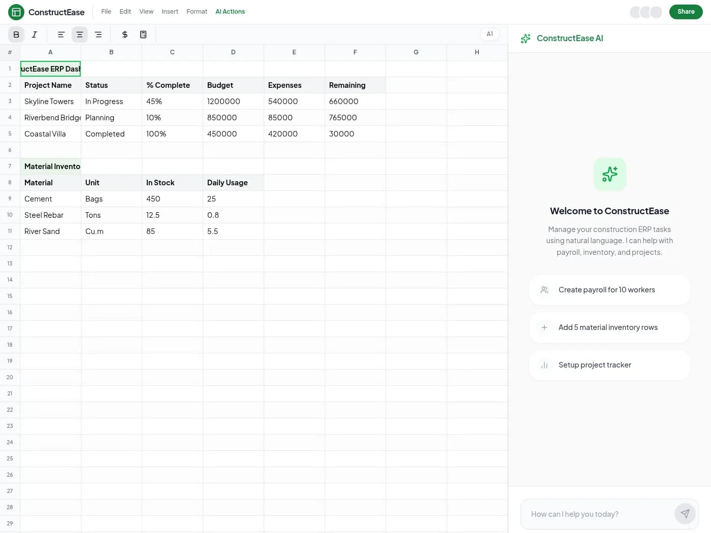 ConstructEase ERP Sheet
