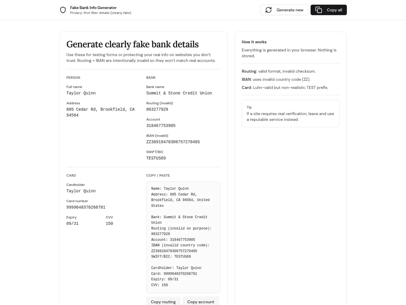 Fake Bank Info Generator