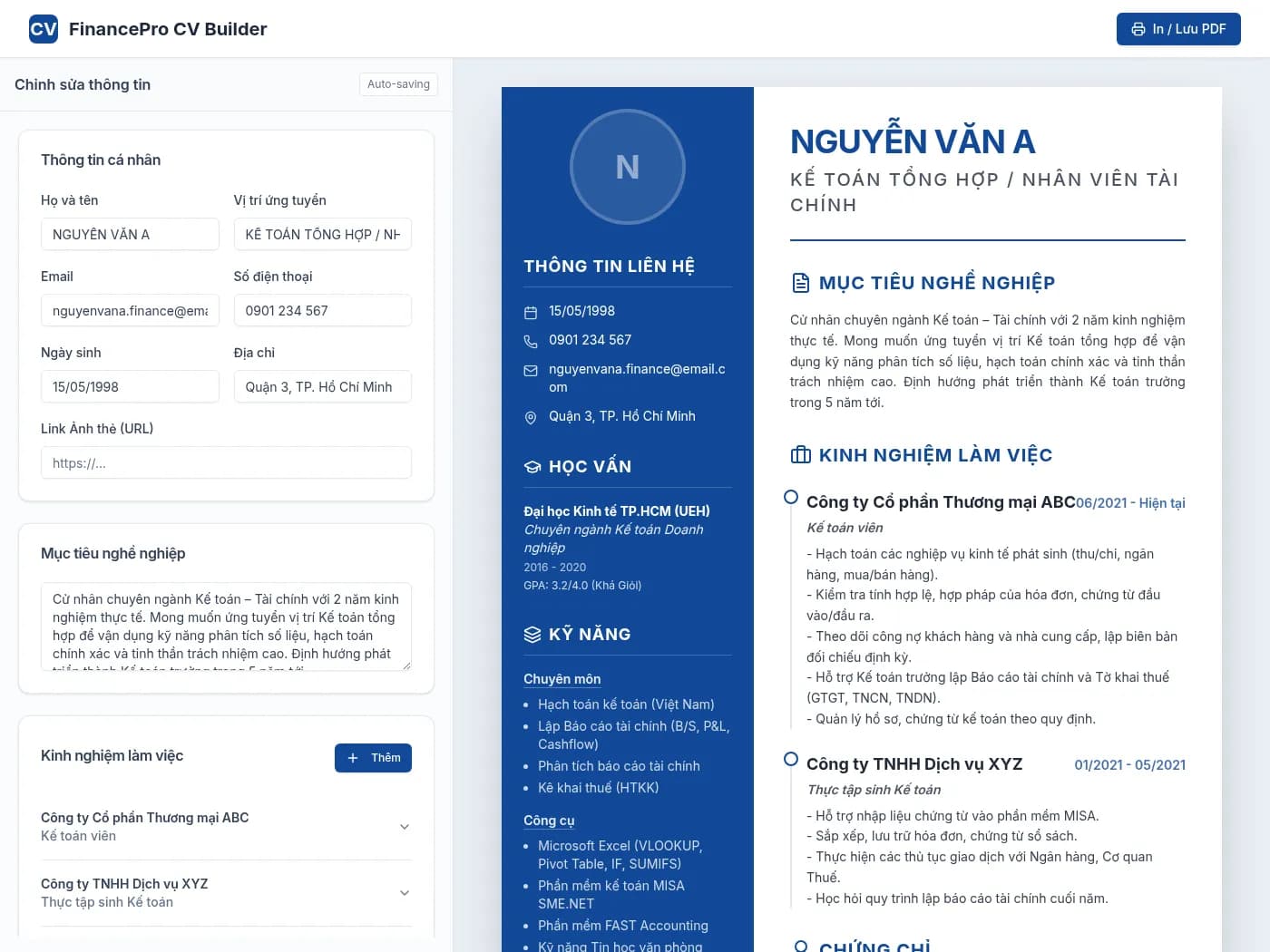 FinancePro CV Builder