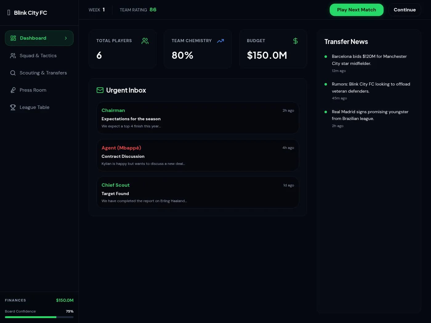 Immersive Football Manager