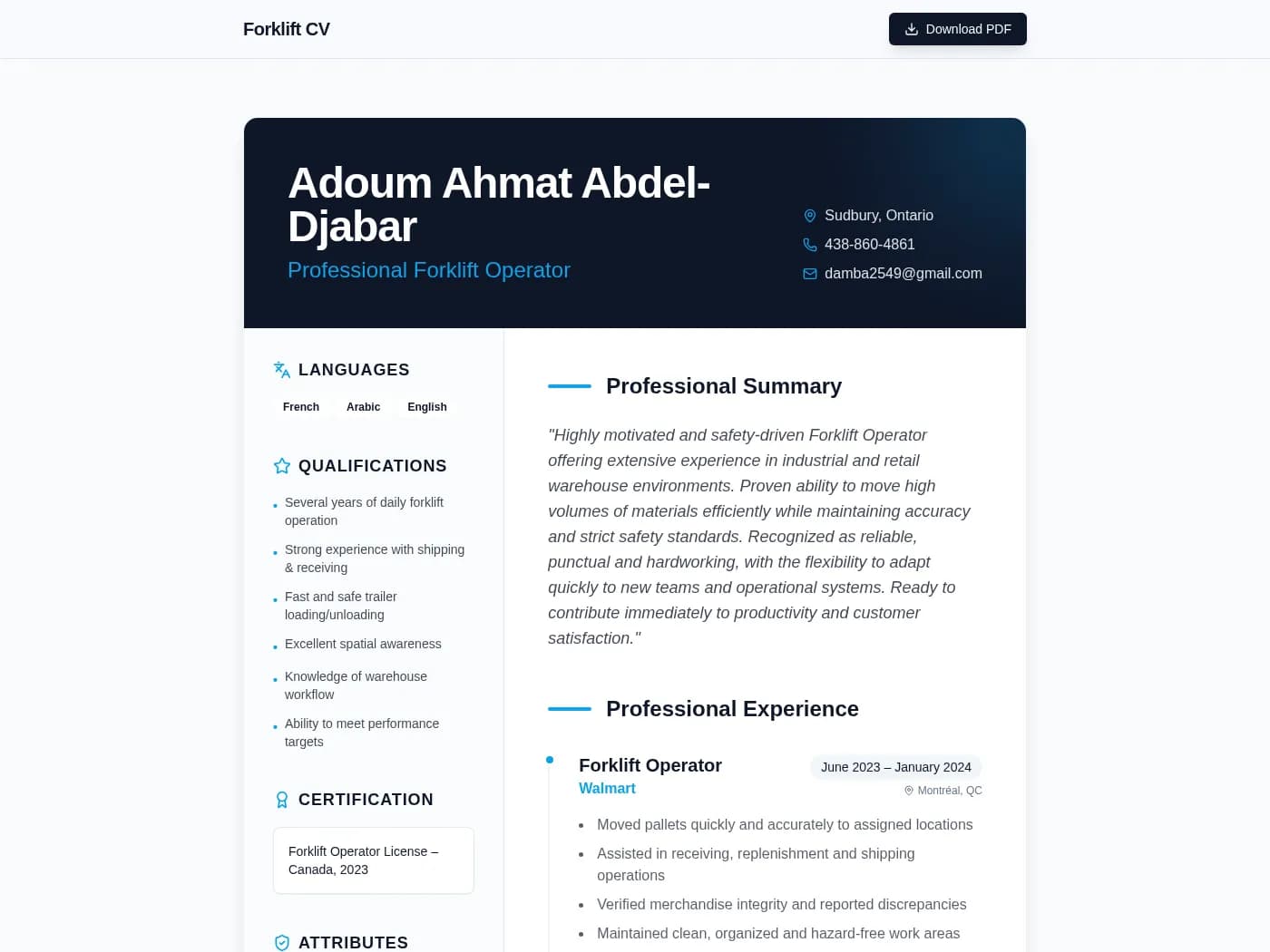 Forklift Driver CV Builder