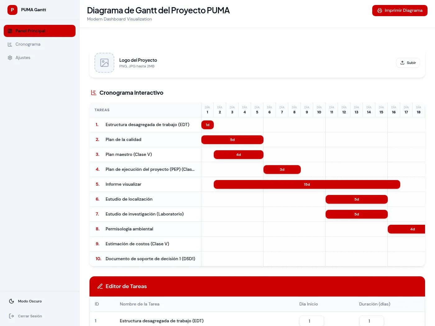 GanttPrint Modern Dashboard