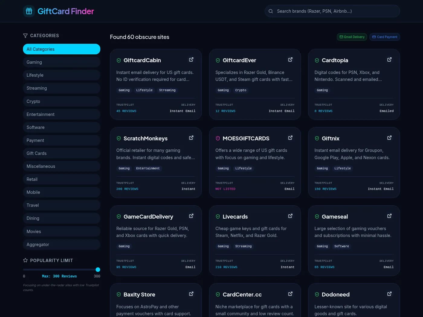 GiftCard Site Finder