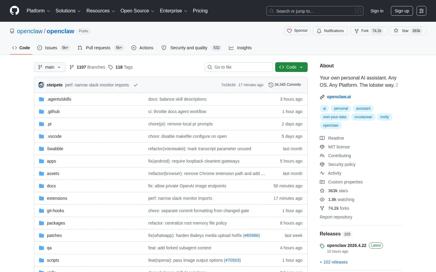 OpenClaw on GitHub — open-source AI agent framework with 200,000+ stars