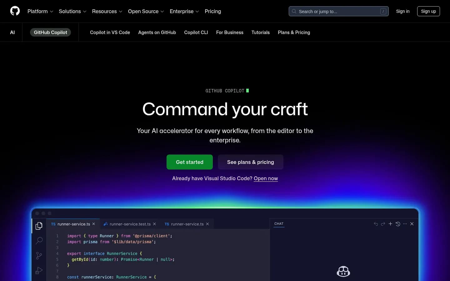GitHub Copilot landing page — AI coding assistant with deep IDE and GitHub integration