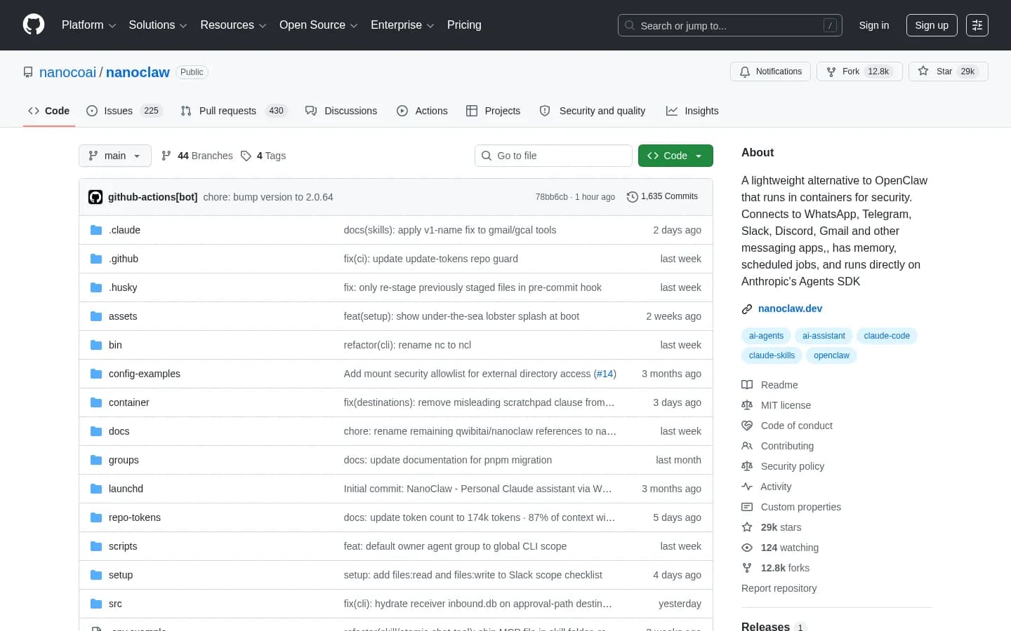 NanoClaw GitHub repository — 29K stars, lightweight OpenClaw alternative with container-based security and Anthropic Agent SDK