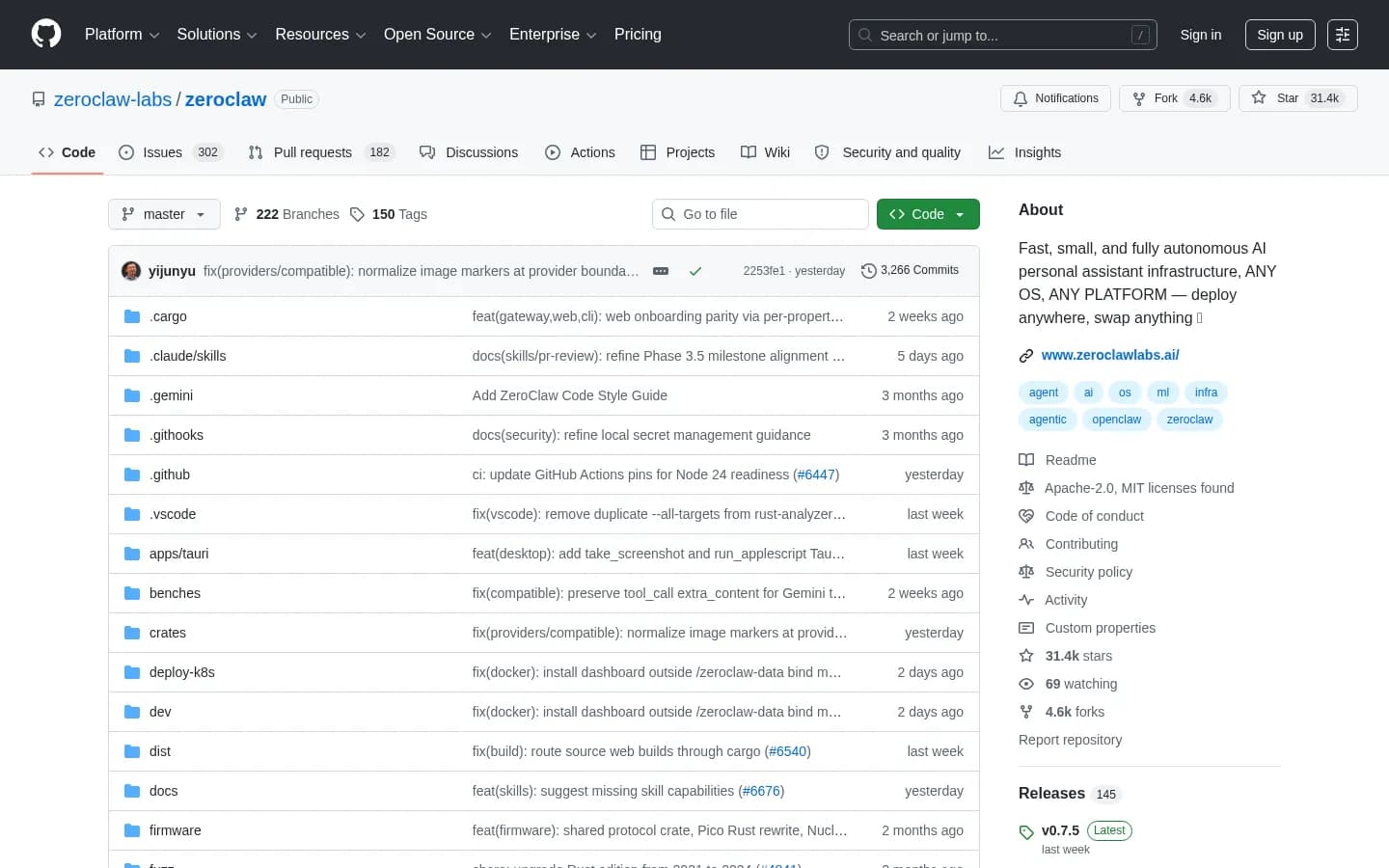 ZeroClaw GitHub repository — 31.4K stars, Rust-based OpenClaw alternative, 6.6MB binary, runs on any OS including Raspberry Pi and Arduino