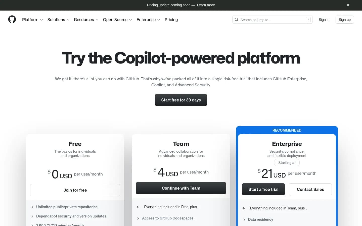 GitHub pricing page — Copilot Individual, Business, and Enterprise plan pricing breakdown