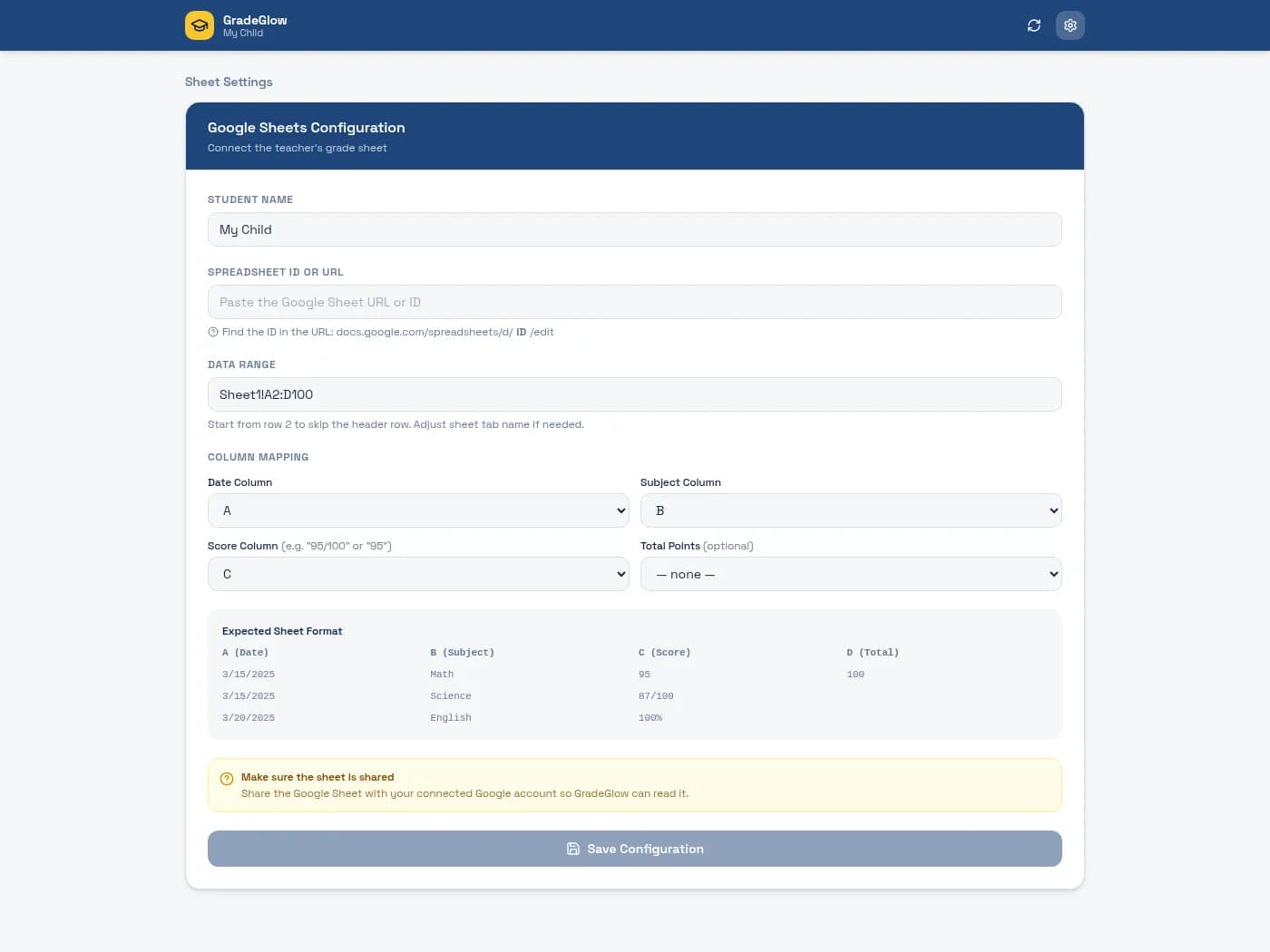 GradeGlow Parent Tracker