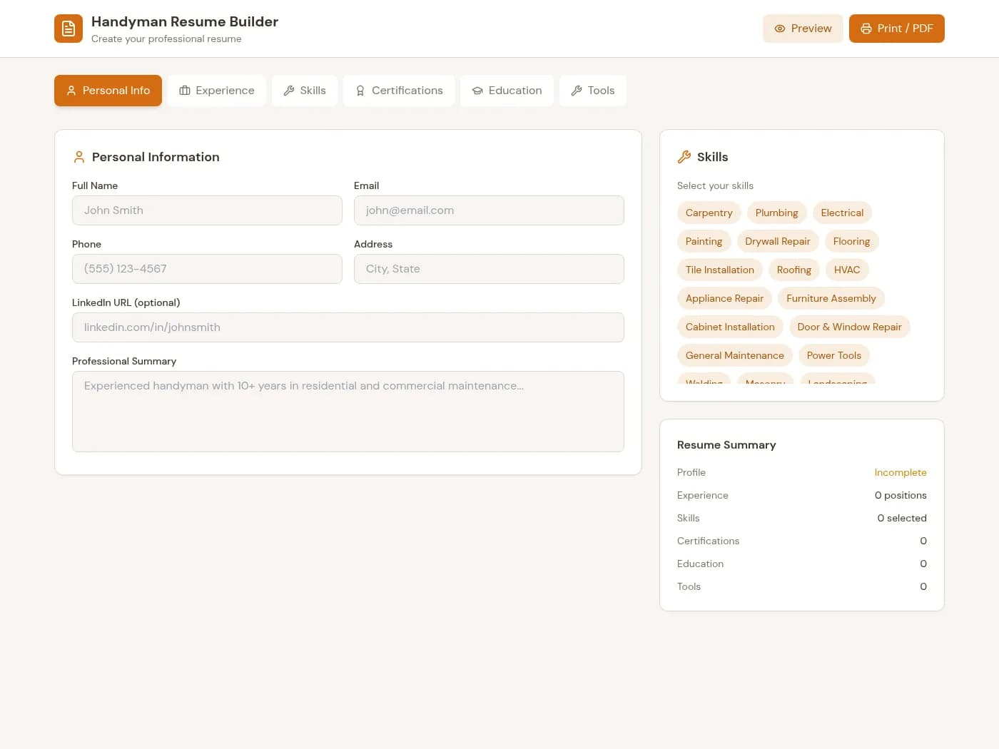 Handyman Resume Builder