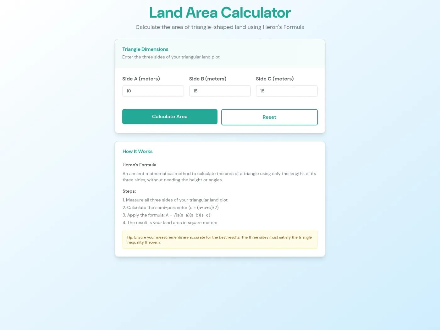 Heron Land Calculator