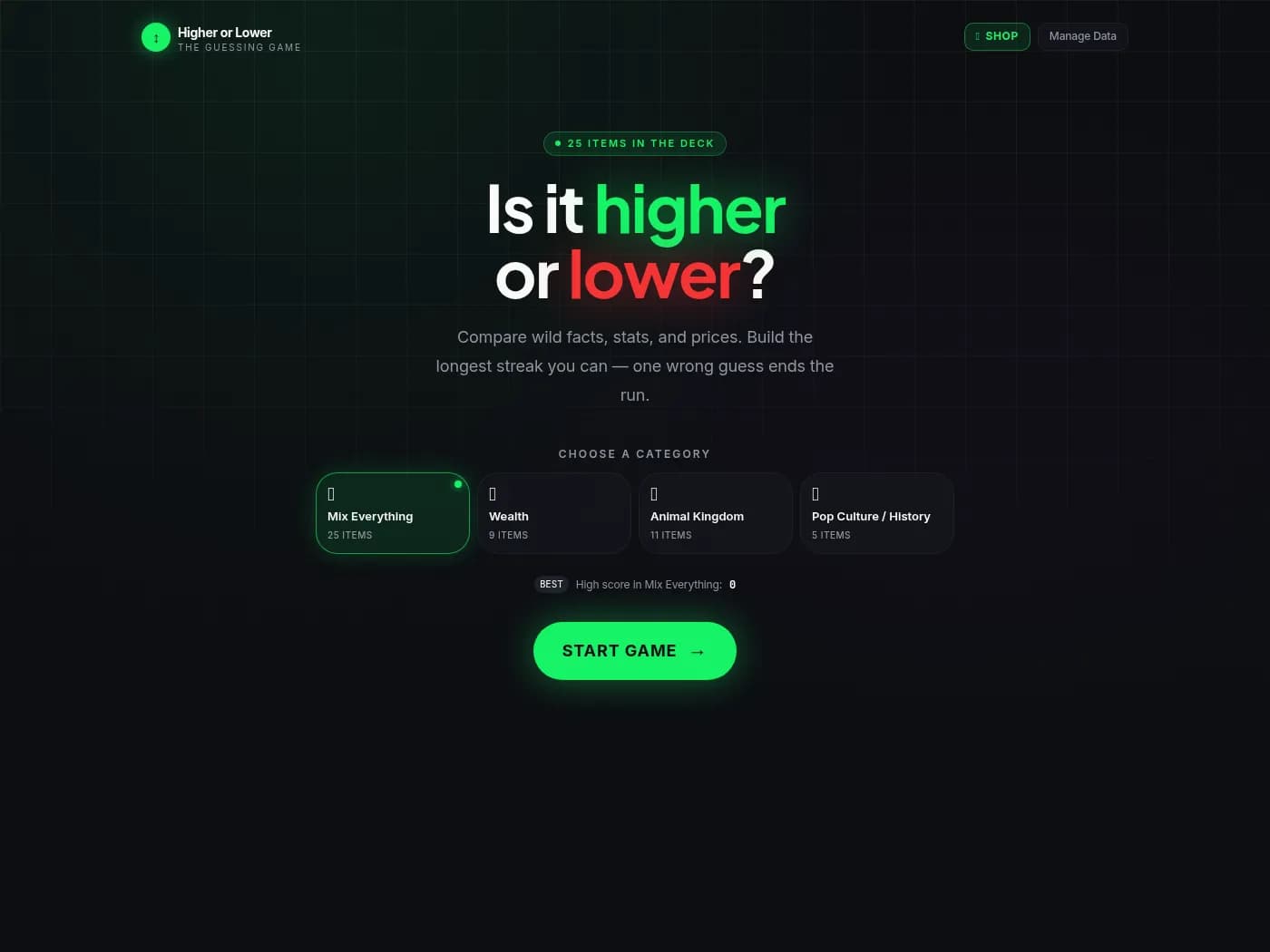 Higher or Lower Game