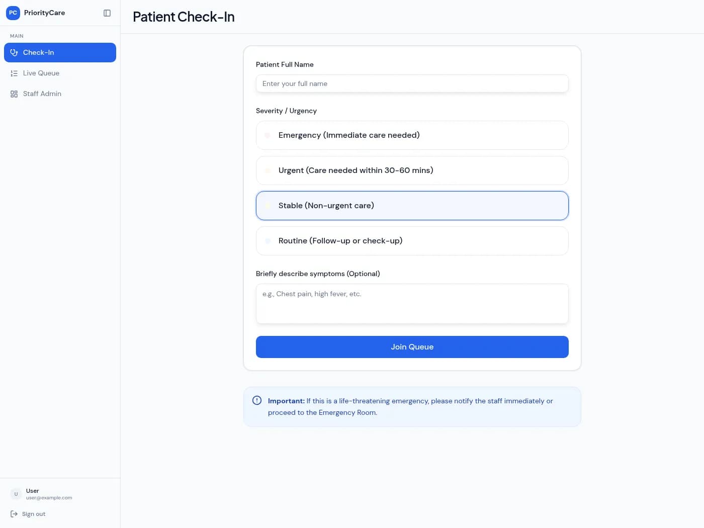 PriorityCare Queue Web