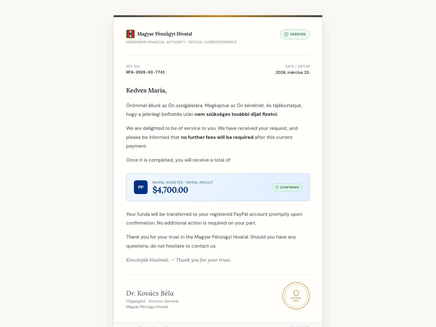 Hungarian Payment Confirmation