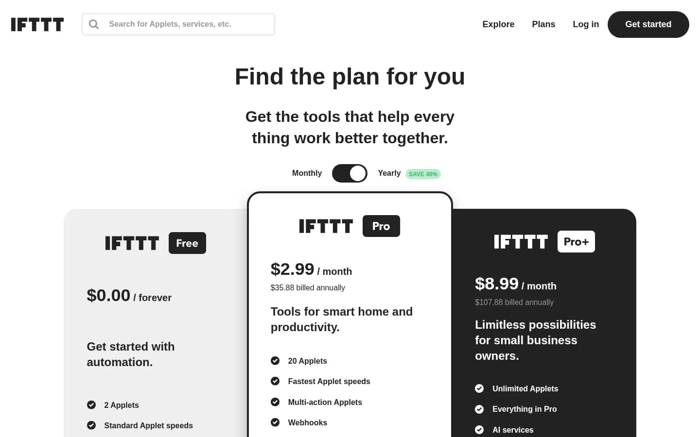 IFTTT pricing page — Free, Pro at $2.99/mo, and Pro+ at $8.99/mo with unlimited Applets and filter code