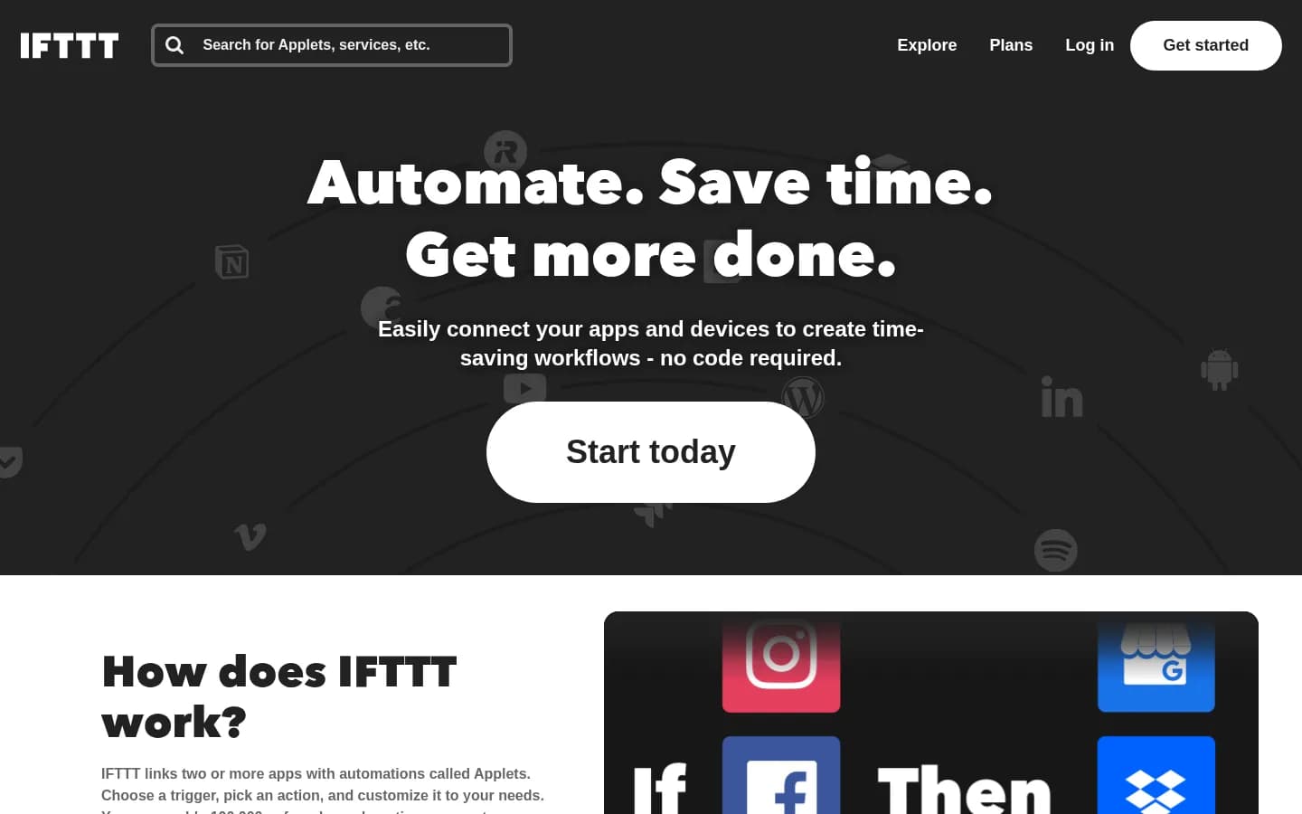 IFTTT landing page — simple if-this-then-that automation for pre-defined triggers and smart home devices