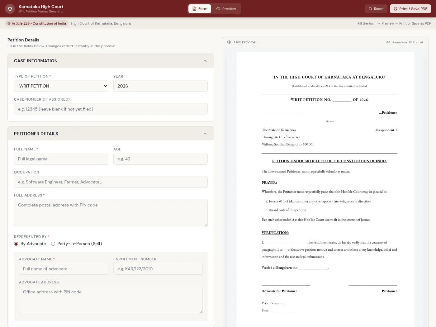 Karnataka Writ Format Generator