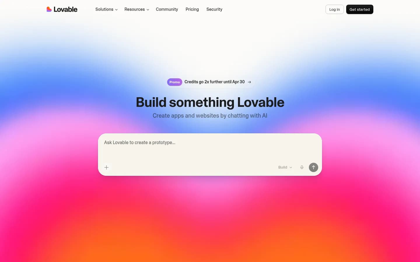 Lovable landing page — AI app builder with chat-first UX and strongest default visual polish