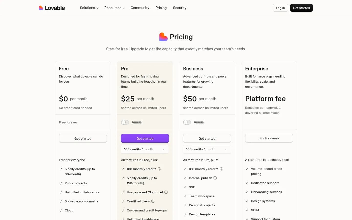 Lovable pricing page — credit-based plans for teams building with AI