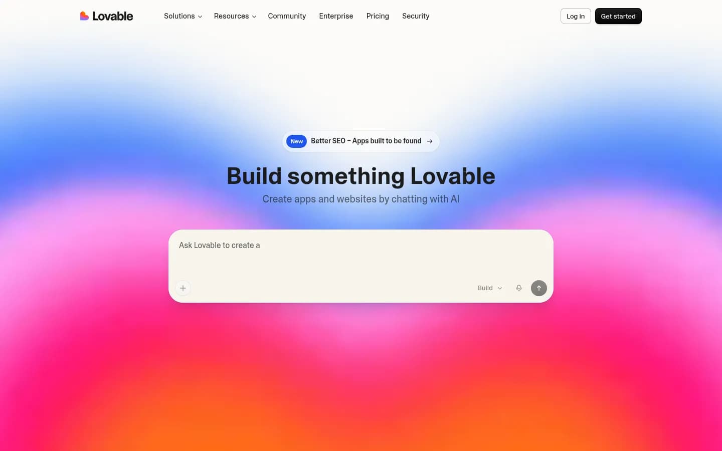 Lovable landing page — AI app builder with design-first approach and polished frontend generation