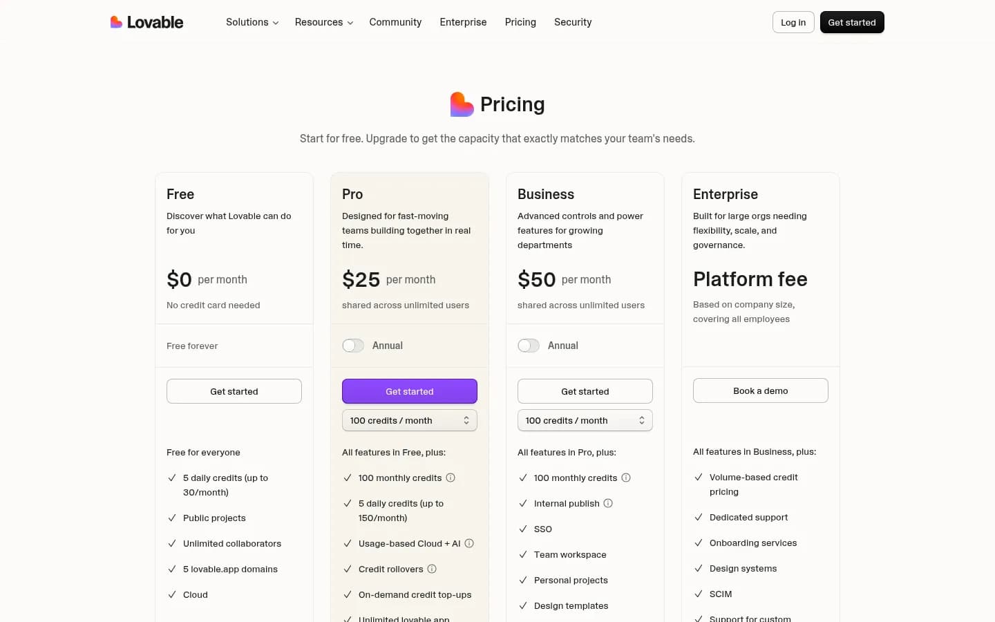Lovable pricing page — free tier, Pro $25/mo, and Teams pricing breakdown