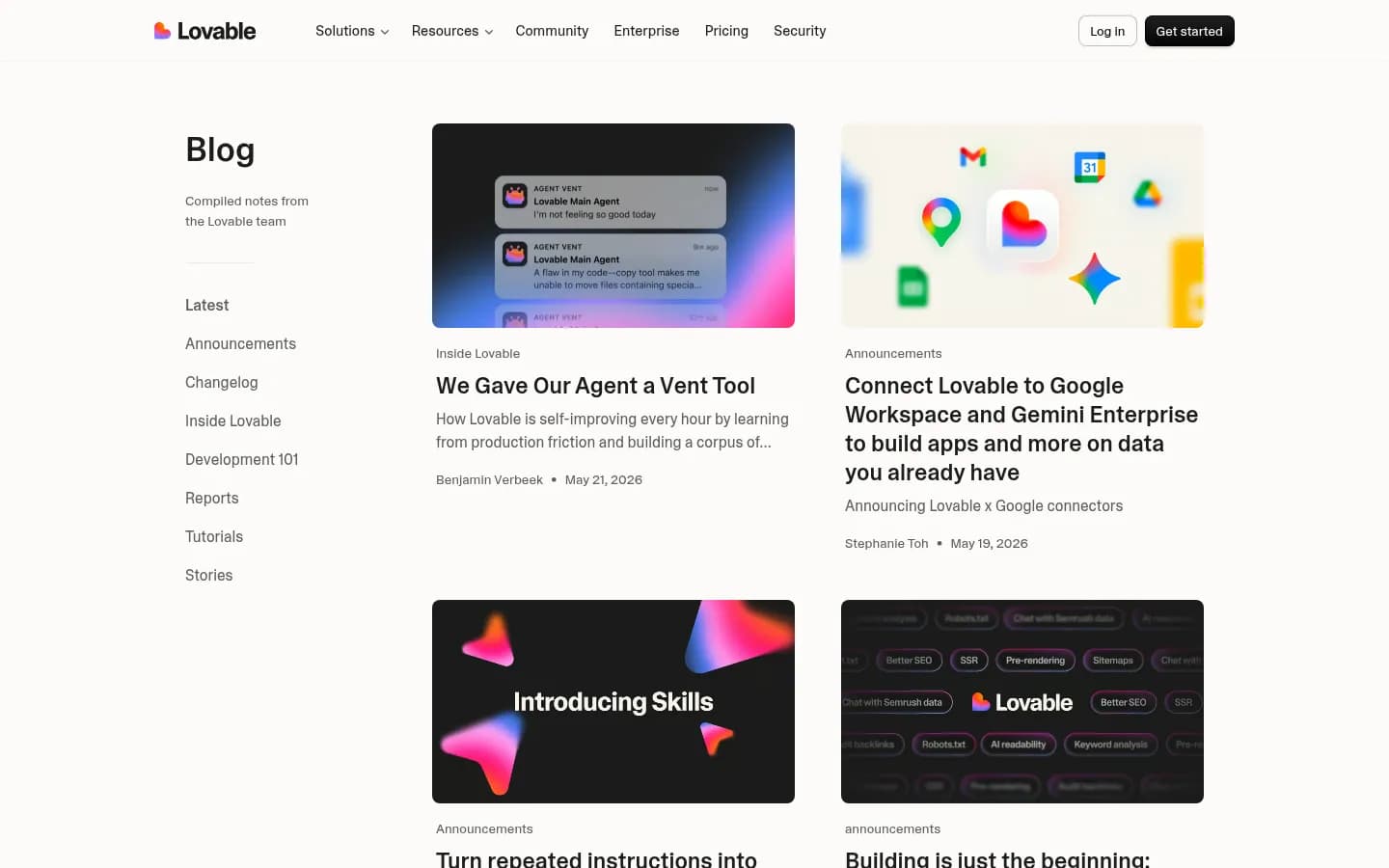 Lovable blog — how the AI app builder team shares product updates and growth milestones