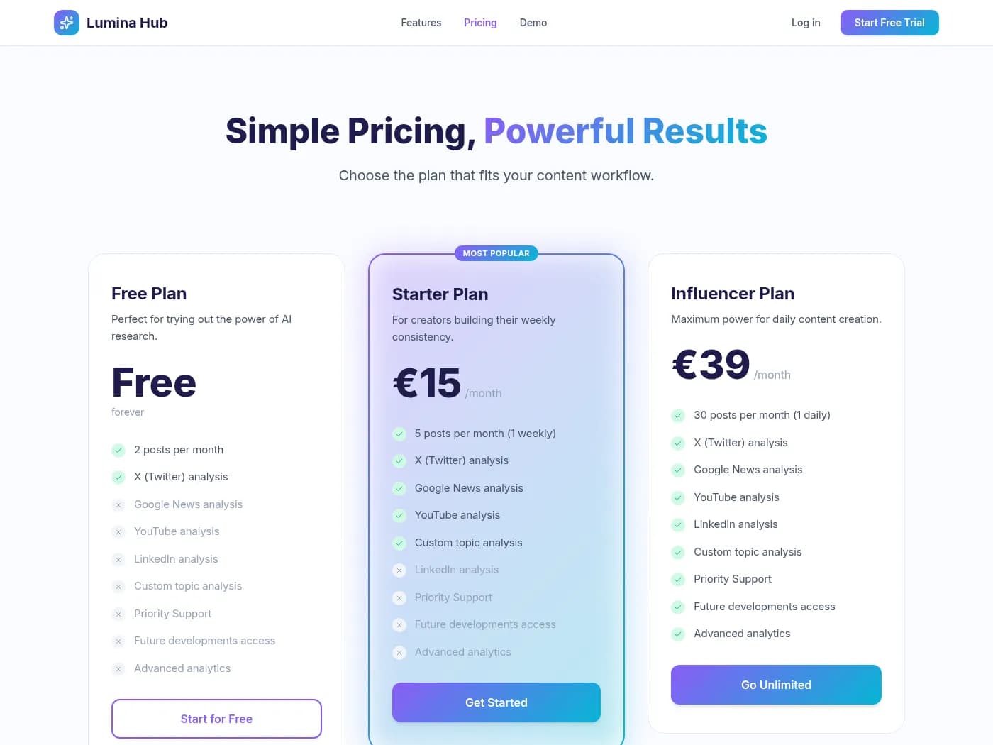 Lumina Hub Pricing Page