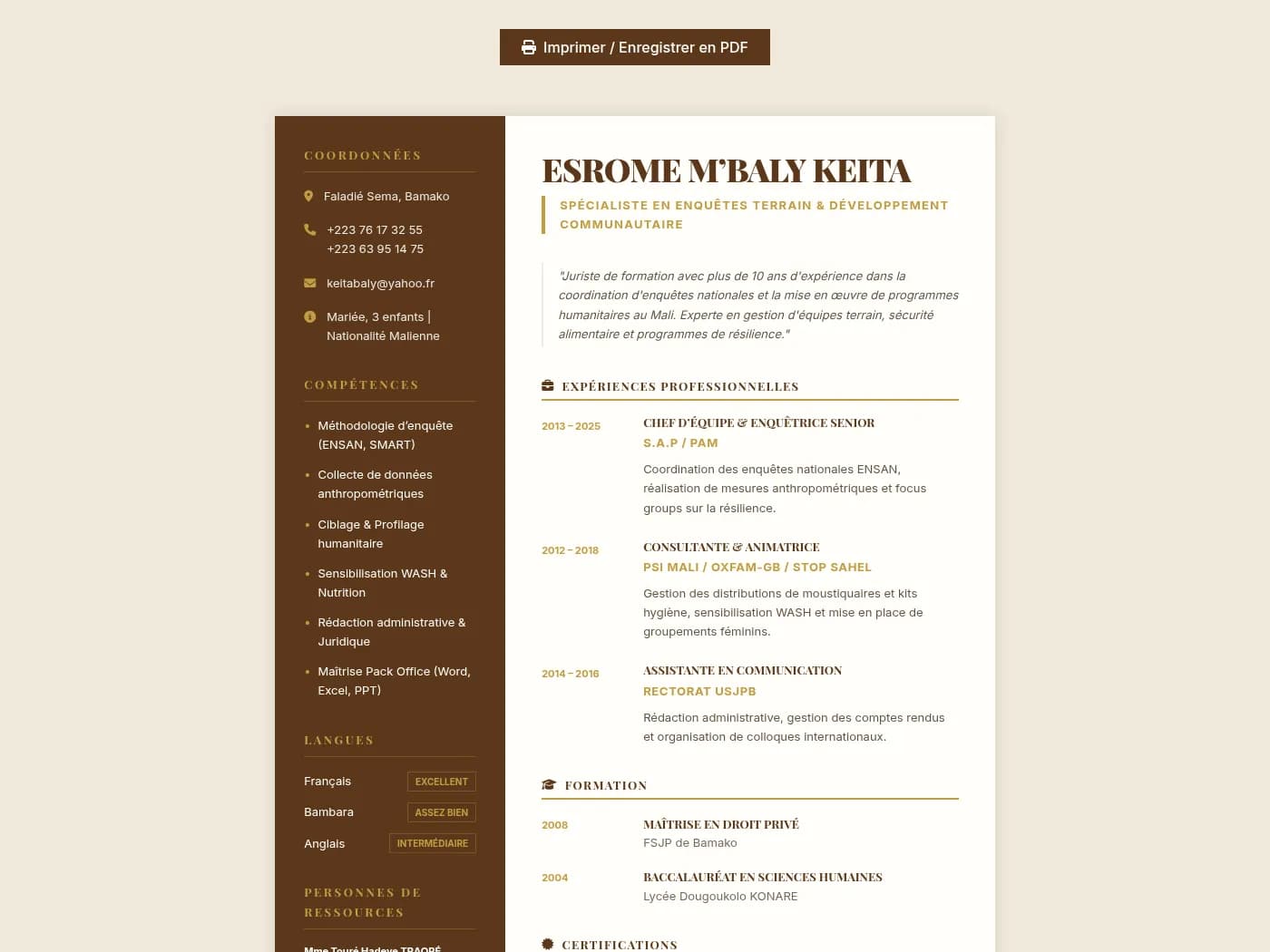 Mali Heritage CV Page